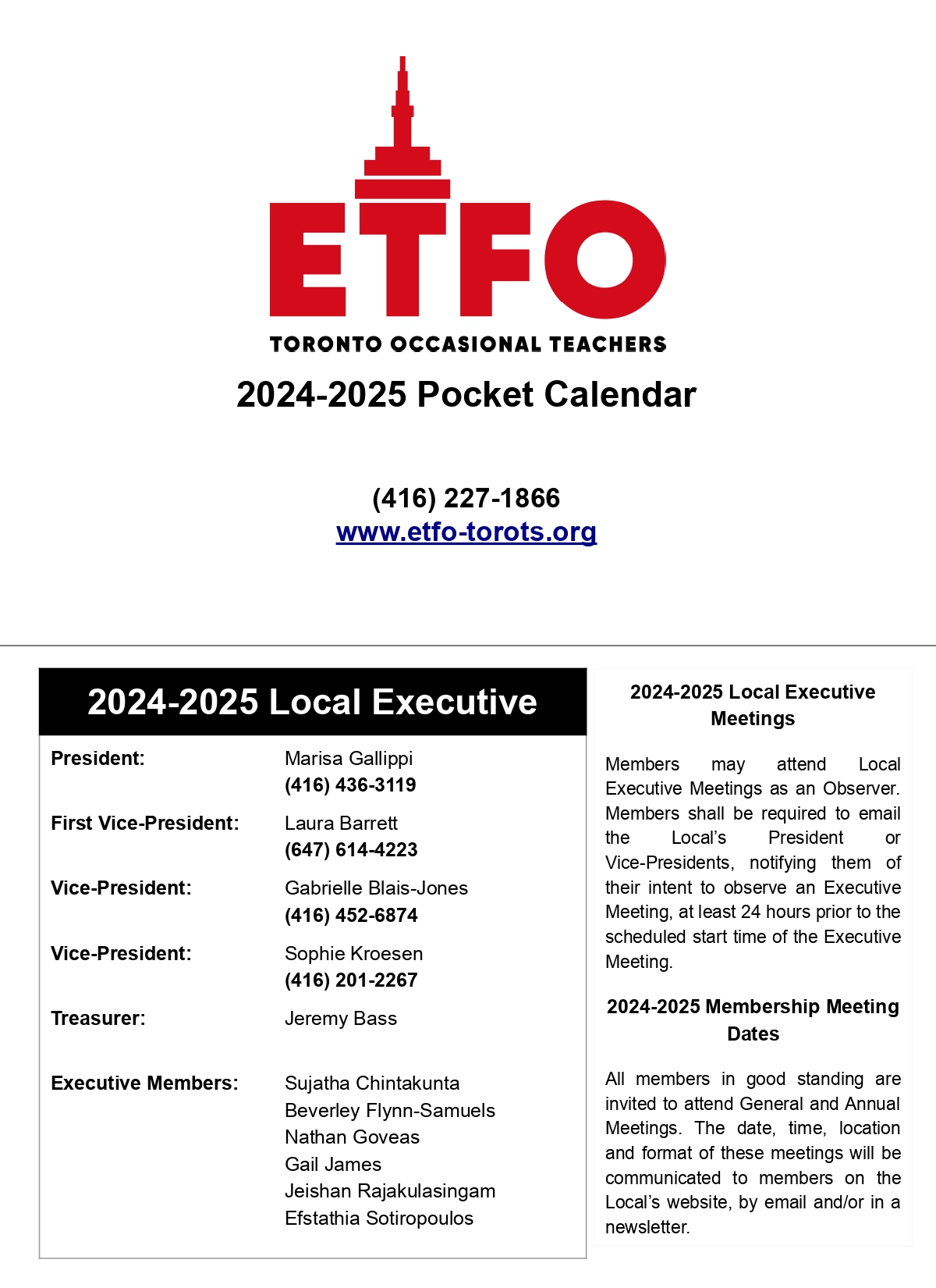 Pocket Calendar 2025-2026 – ETFO – Toronto Occasional Teachers